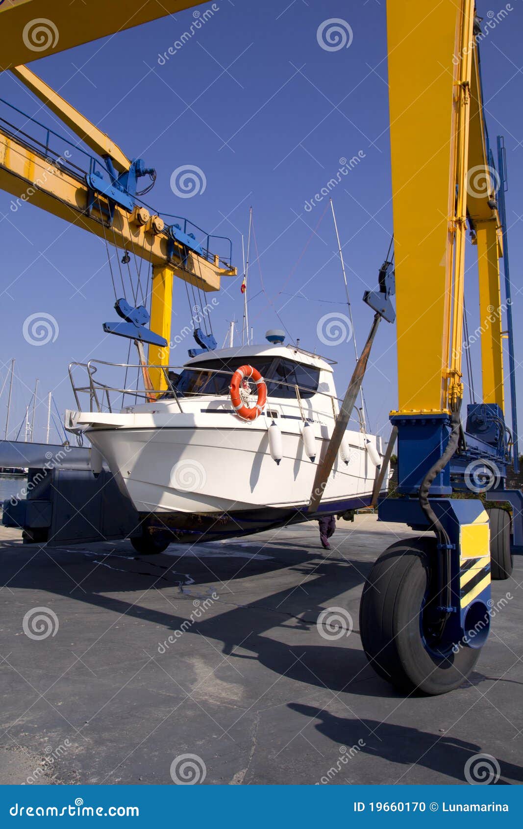 Boat Crane Travelift Lifting Motorboat Stock Photo - Image of charter ...