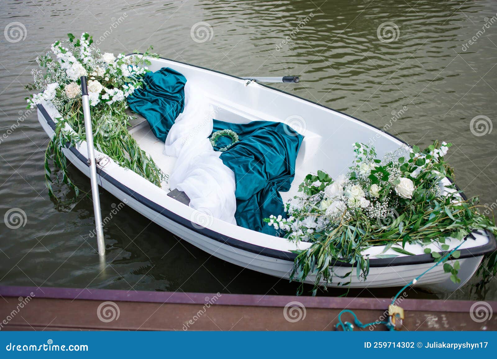 Boat Decorated with Flowers. Boat with Flowers on Lake Stock Photo ...