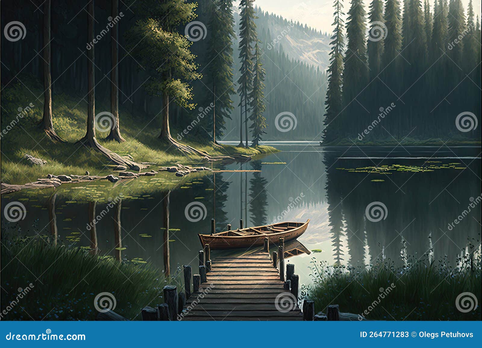 A Boat is Docked on a Dock in a Forest Lake with a Dock Leading To a ...