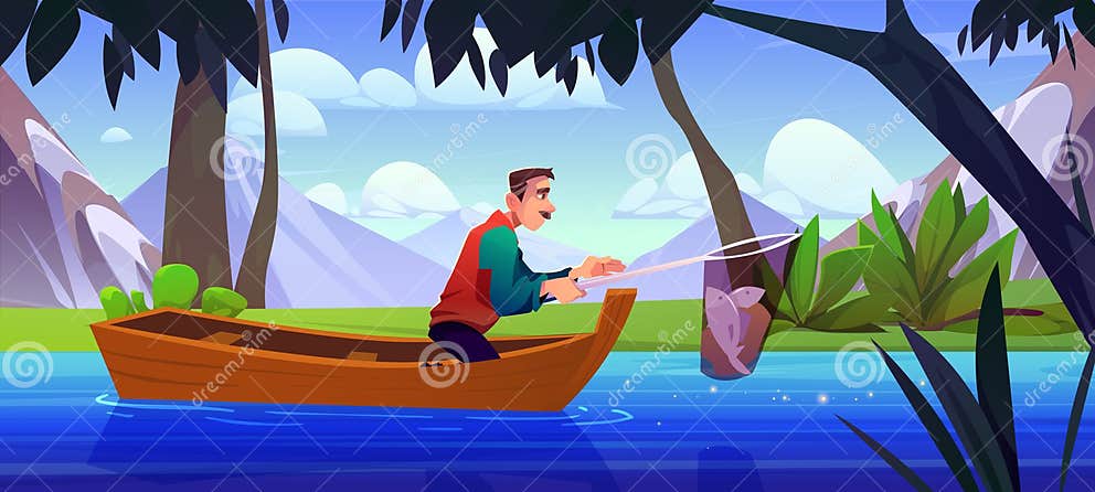 Boat in Lake Water with Man Holding Fish in Net Stock Vector ... Boat in Lake Water with Man Holding Fish in Net Stock Vector ...