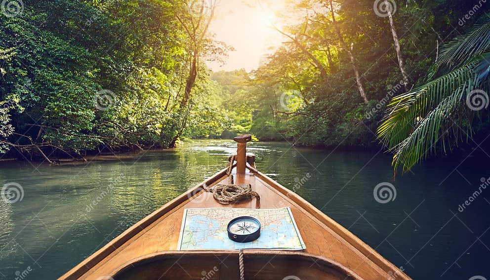 Boat Navigating a Tropical River with a Map and Compass on the Deck ...