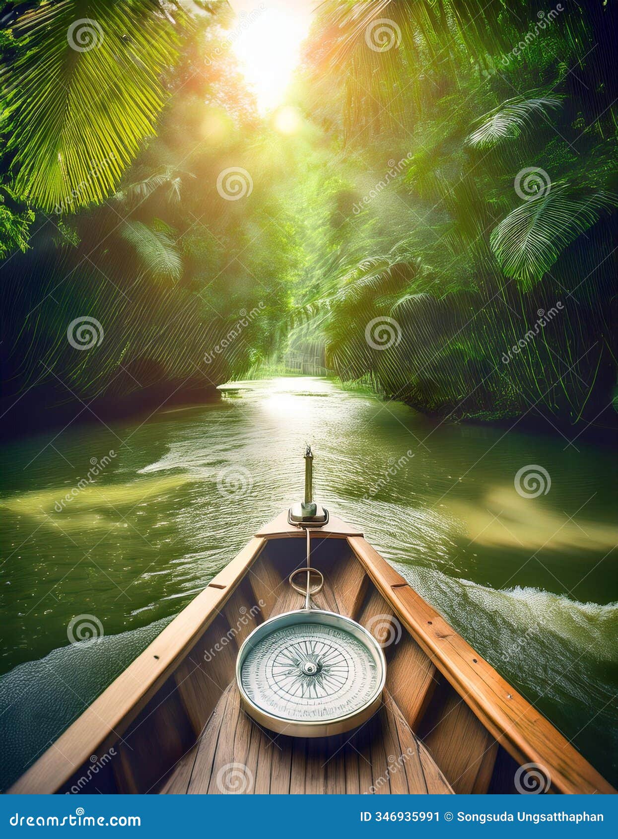 Art of Boat Navigating a Tropical River with a Map and Compass on the ...