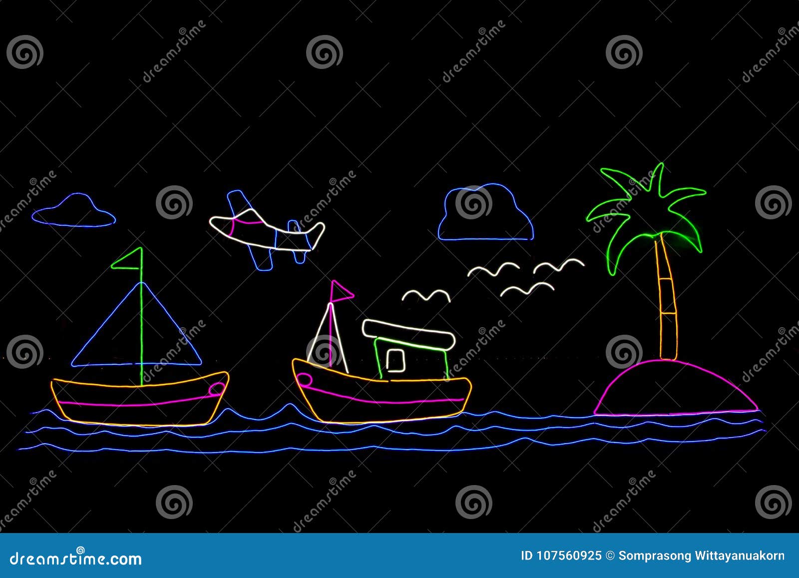 Boat Neon, Airplane Neon in the Garden Stock Illustration ... Boat Neon, Airplane Neon in the Garden Stock Illustration ...