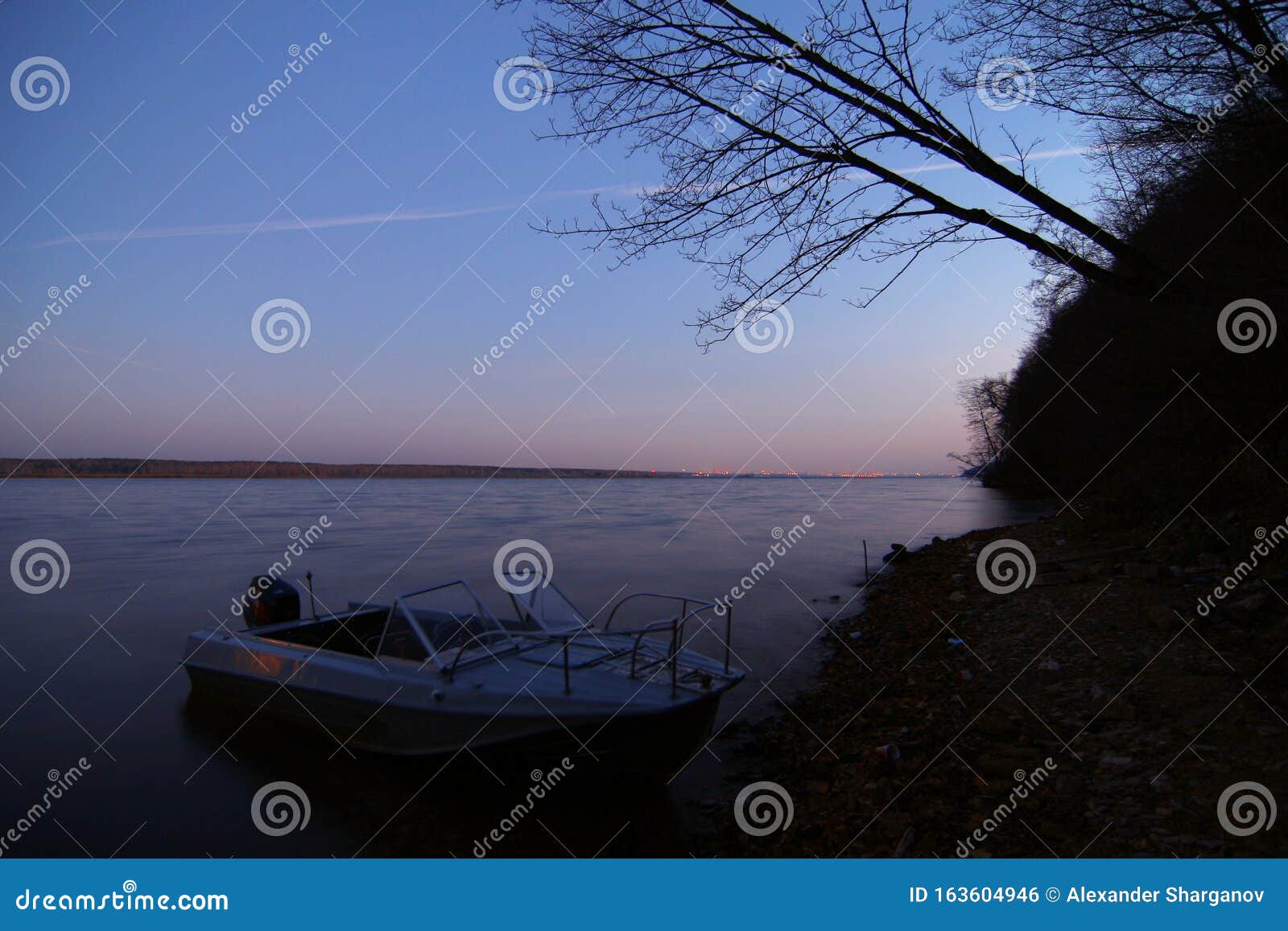 Boat at night on the river stock photo. Image of mist - 163604946