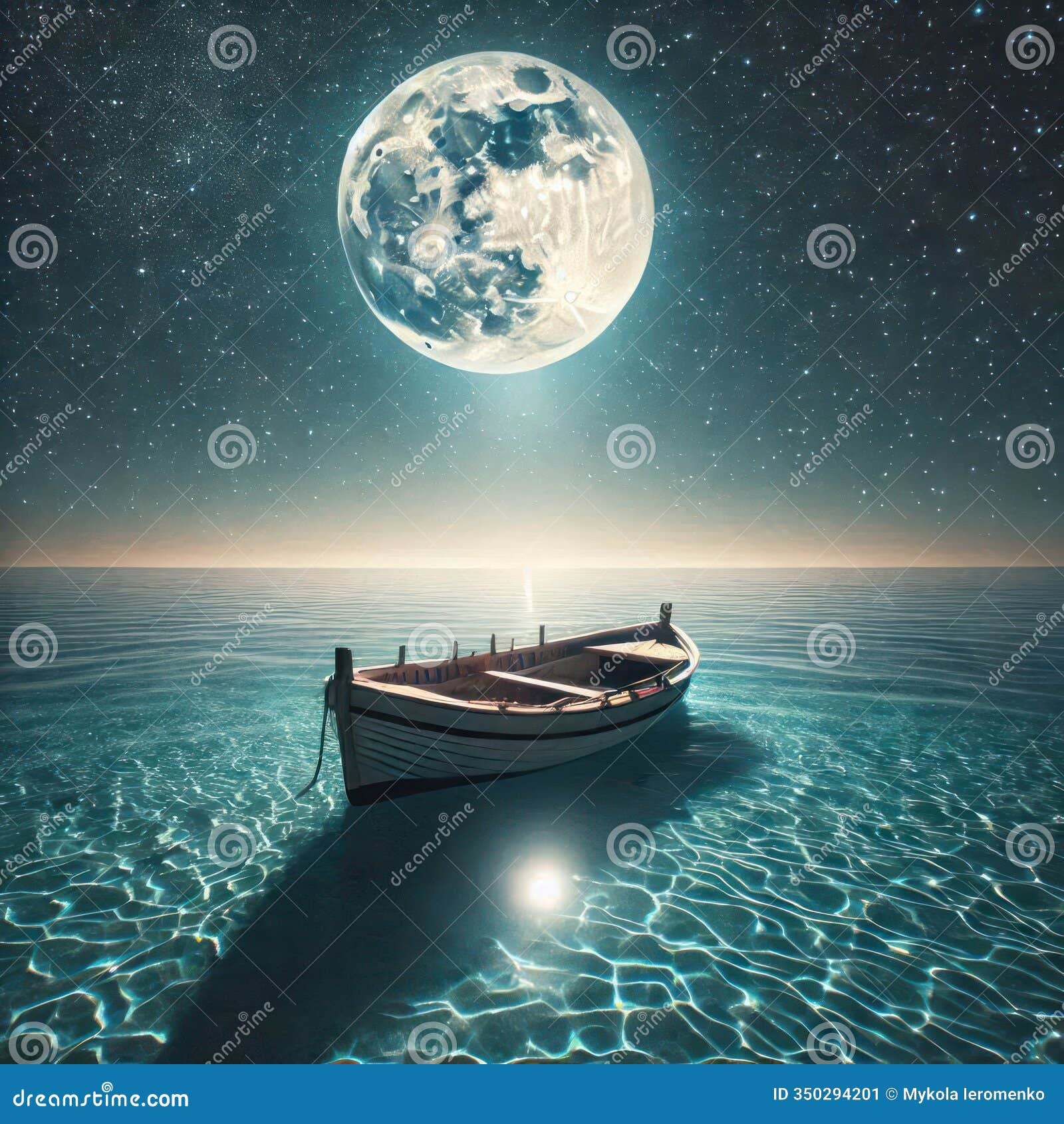 Boat in the Ocean Under a Full Moon. Stock Image - Image of calm, stars ...