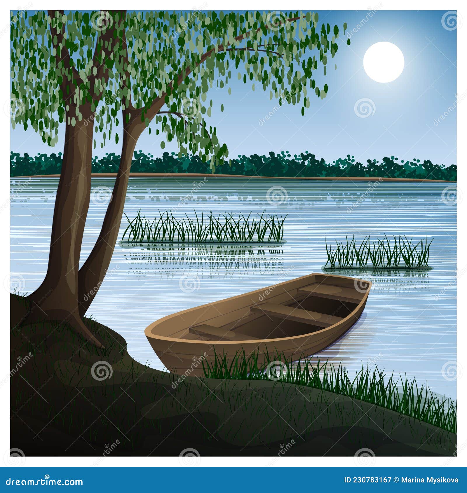 Boat on the river Bank stock vector. Illustration of natural - 230783167