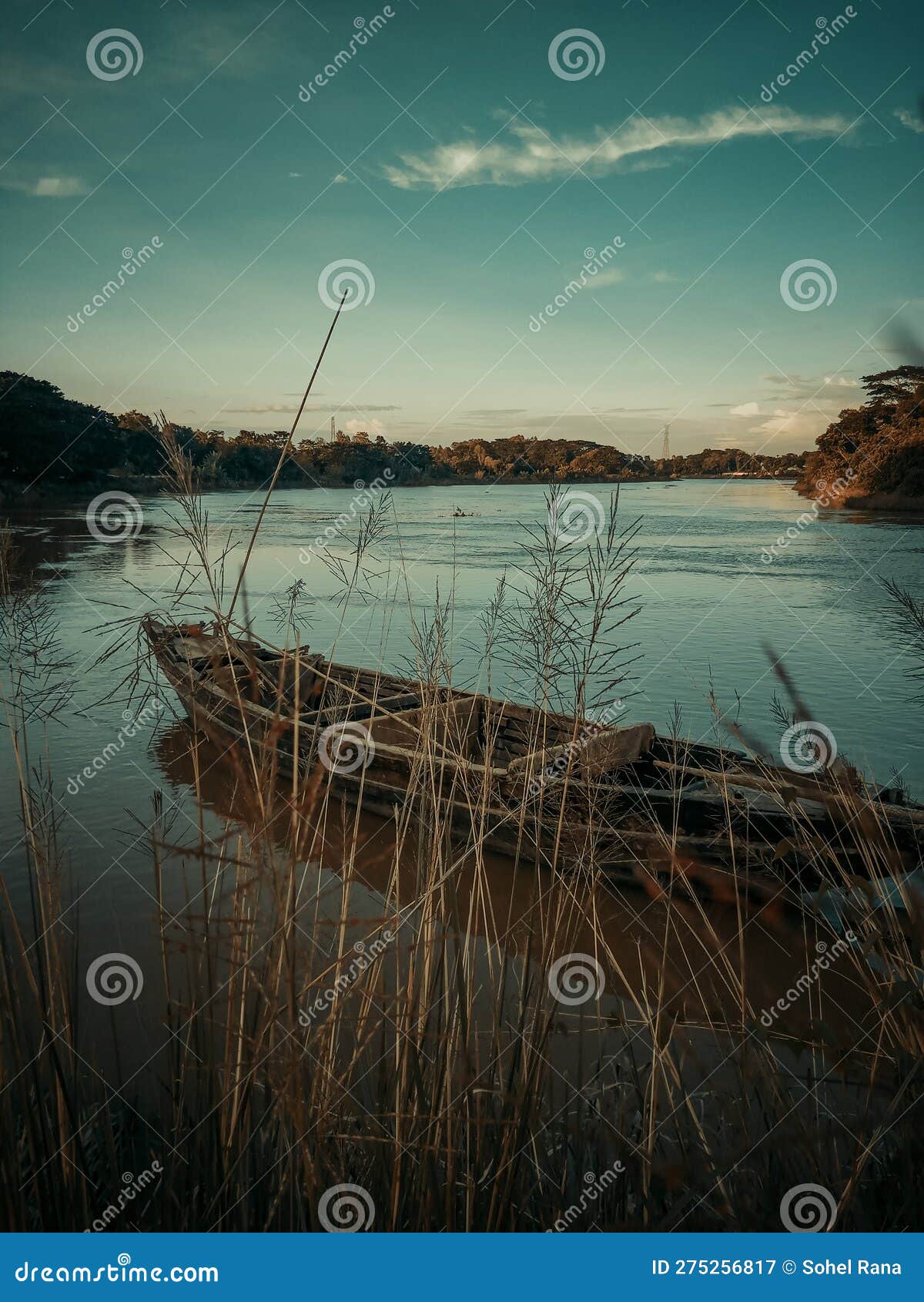 A Boat on the River and Natural Beauty Sky Stock Image - Image of ...
