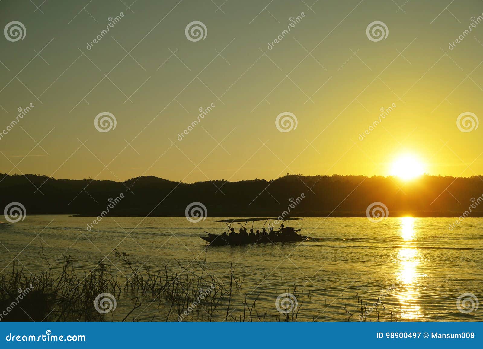 Boat on River in Sunset Time Stock Image - Image of canoe, lake: 98900497