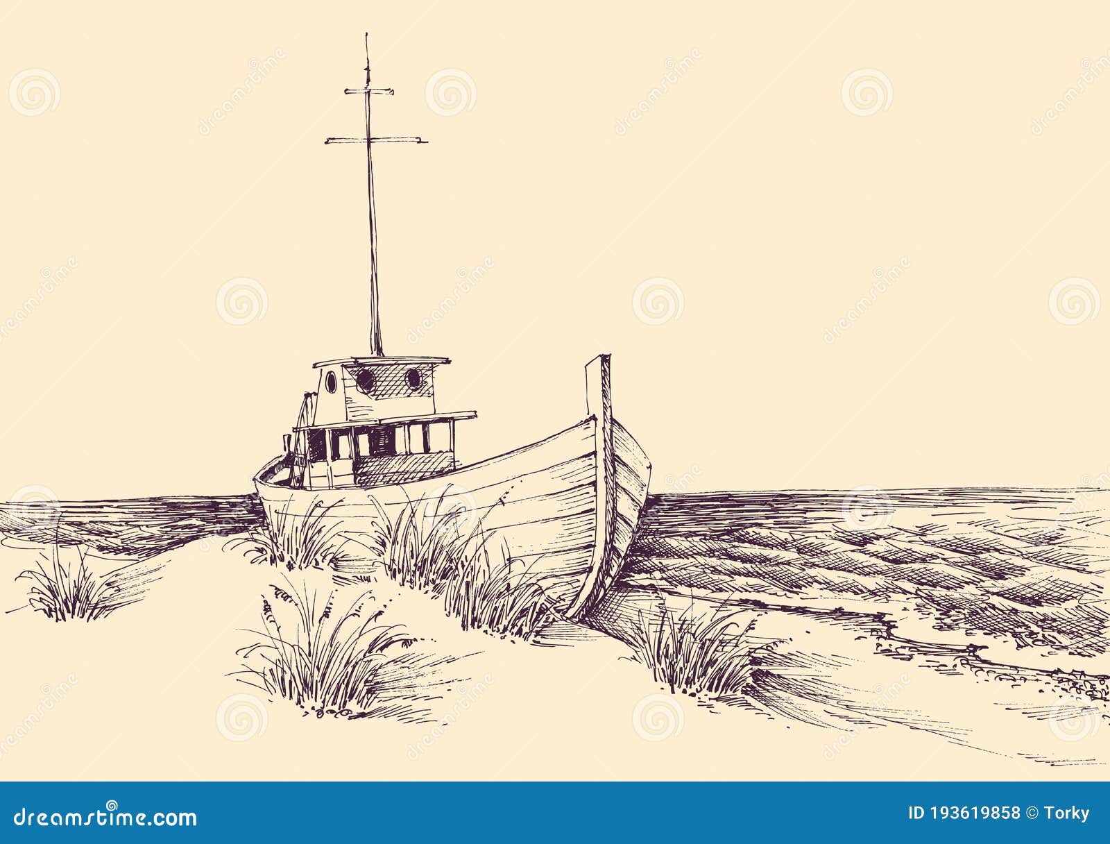 Boat on Sea Shore Hand Drawing Stock Vector - Illustration of sand ...