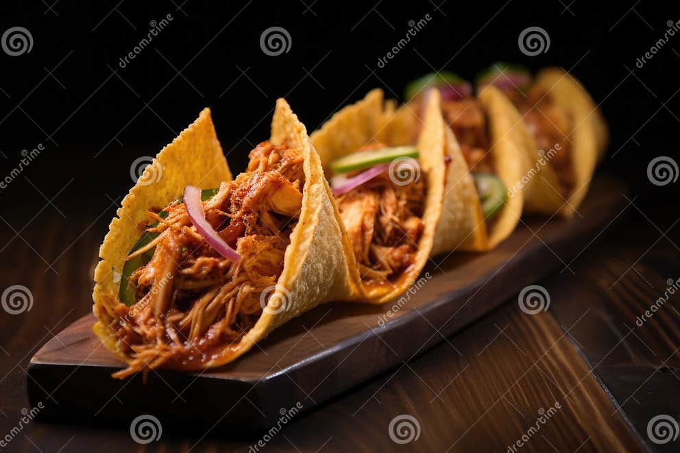Boat Shaped Crispy Taco Shell Filled with Bourbon Bbq Pulled Chicken ...