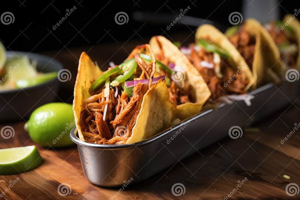 Boat Shaped Crispy Taco Shell Filled with Bourbon Bbq Pulled Chicken ...