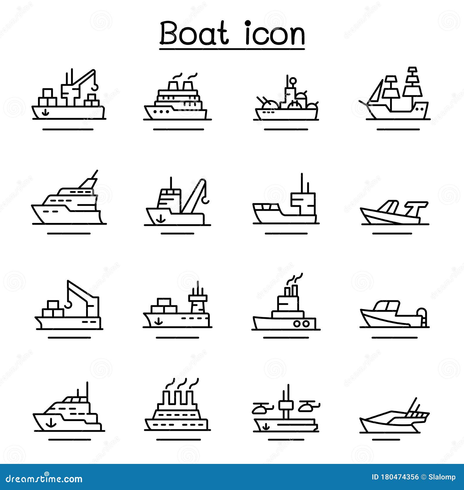 Boat, Ship Icon Set in Thin Line Style Stock Vector - Illustration of ...
