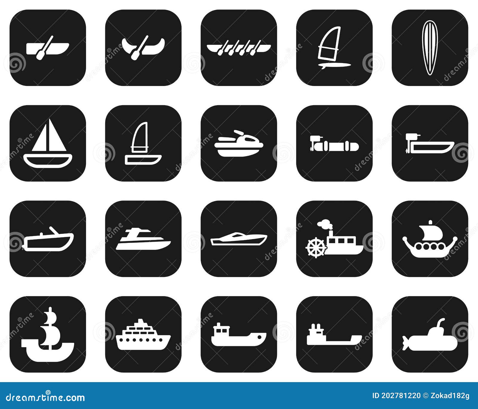 Boat or Ship Icons White on Black Flat Design Set Big Stock Vector ...