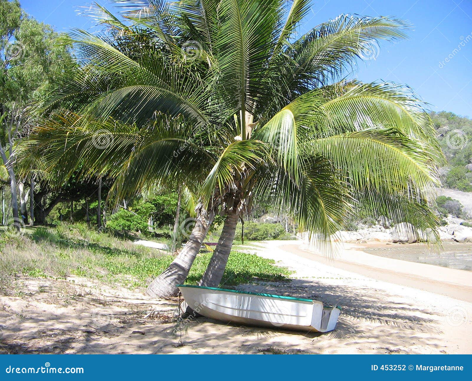 Boat on Shore Under Palm Tree on Tropical Beach Stock Photo - Image of ...