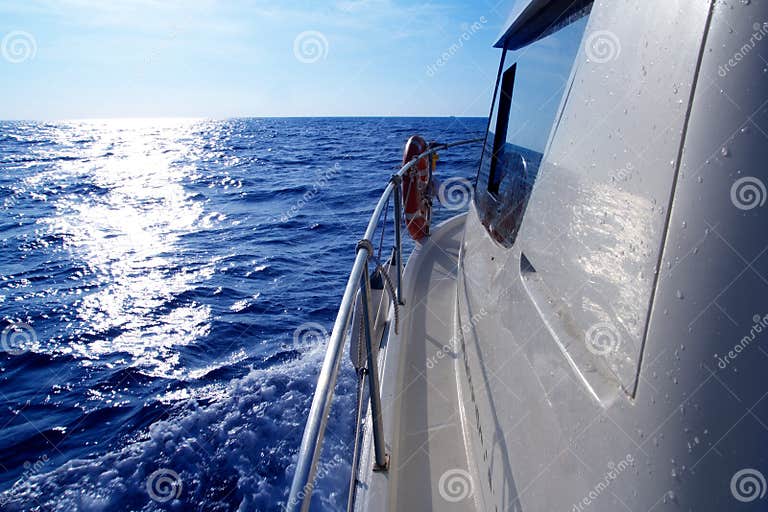 Boat Side Sailing in Blue Sea Sun Reflection Stock Image - Image of ...