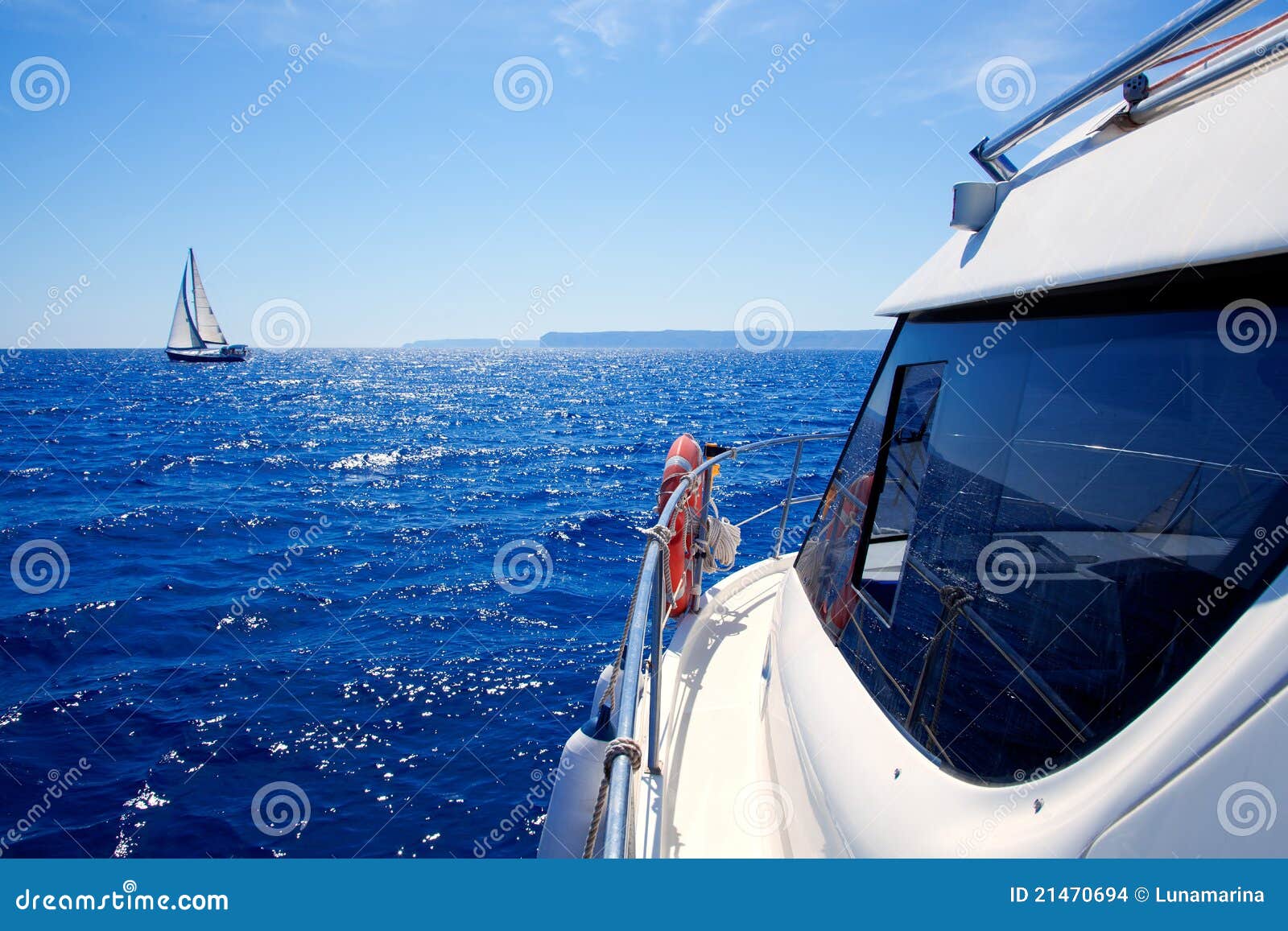 Boat Side View of Blue Ocean with Sailboat Stock Photo - Image of ...