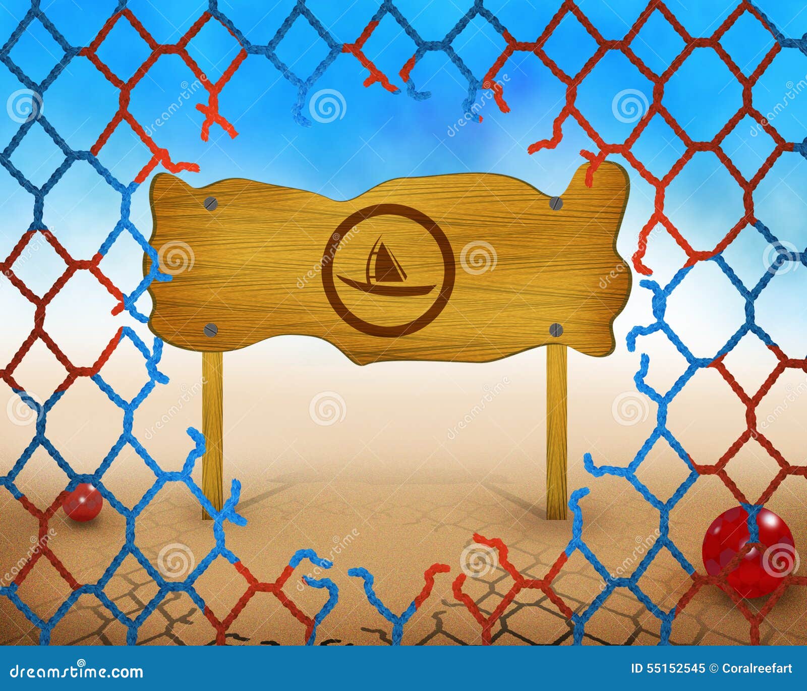 Boat Symbol on Wooden and Broken Red and Blue Net Stock Illustration ...