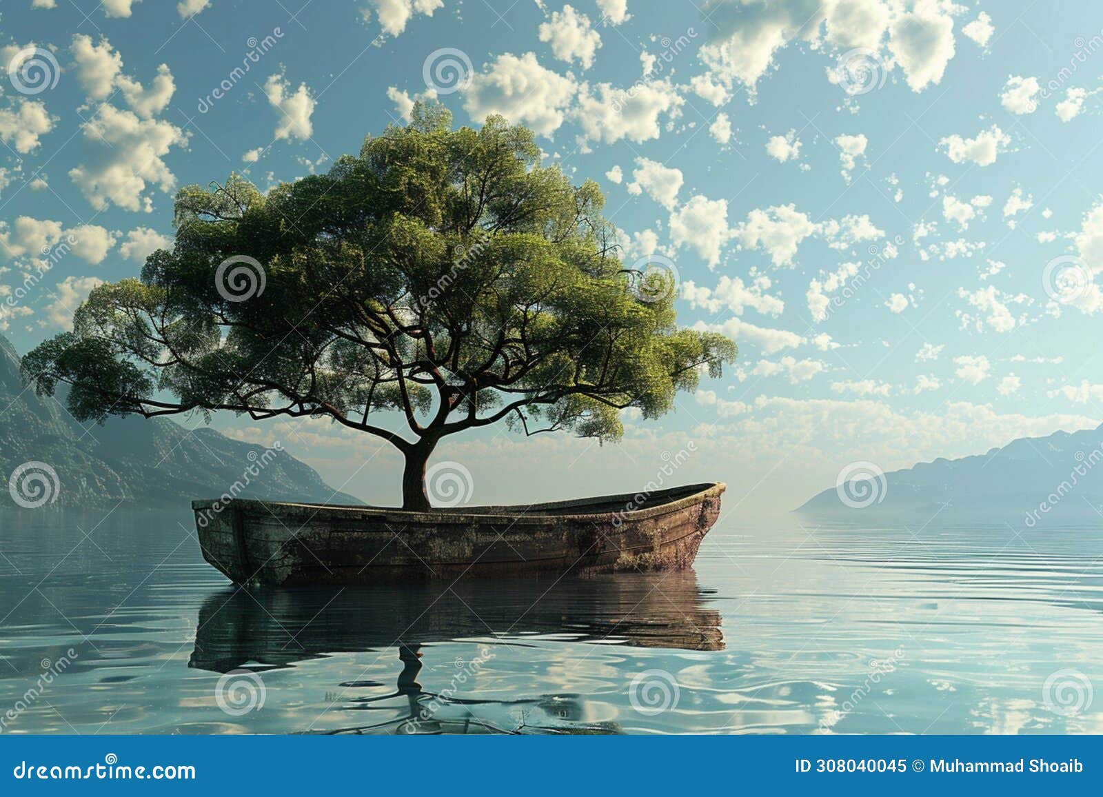 Boat with Tree Onboard Whimsical Blend of Nature and Adventure Stock ...