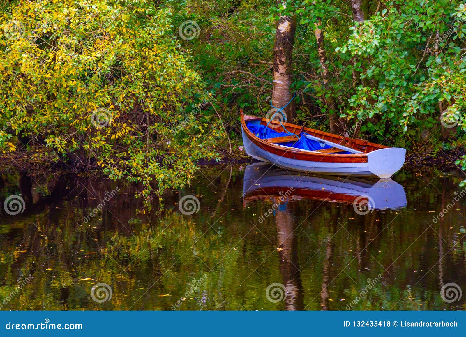 Boat and Trees with Reflection in Owenriff River Stock Photo - Image of ...
