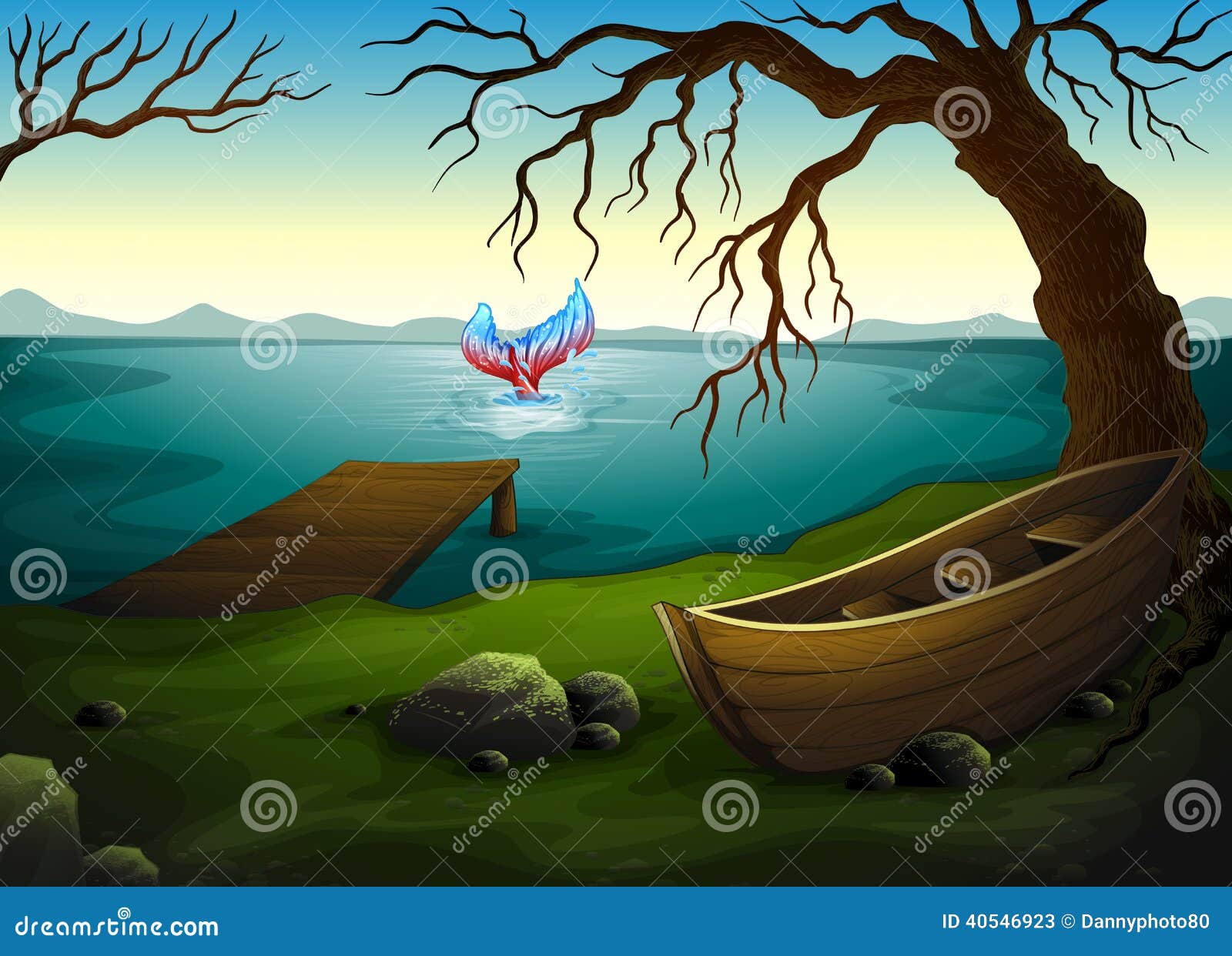 A Boat Under the Tree Near the Sea with a Big Fish Stock Vector ...