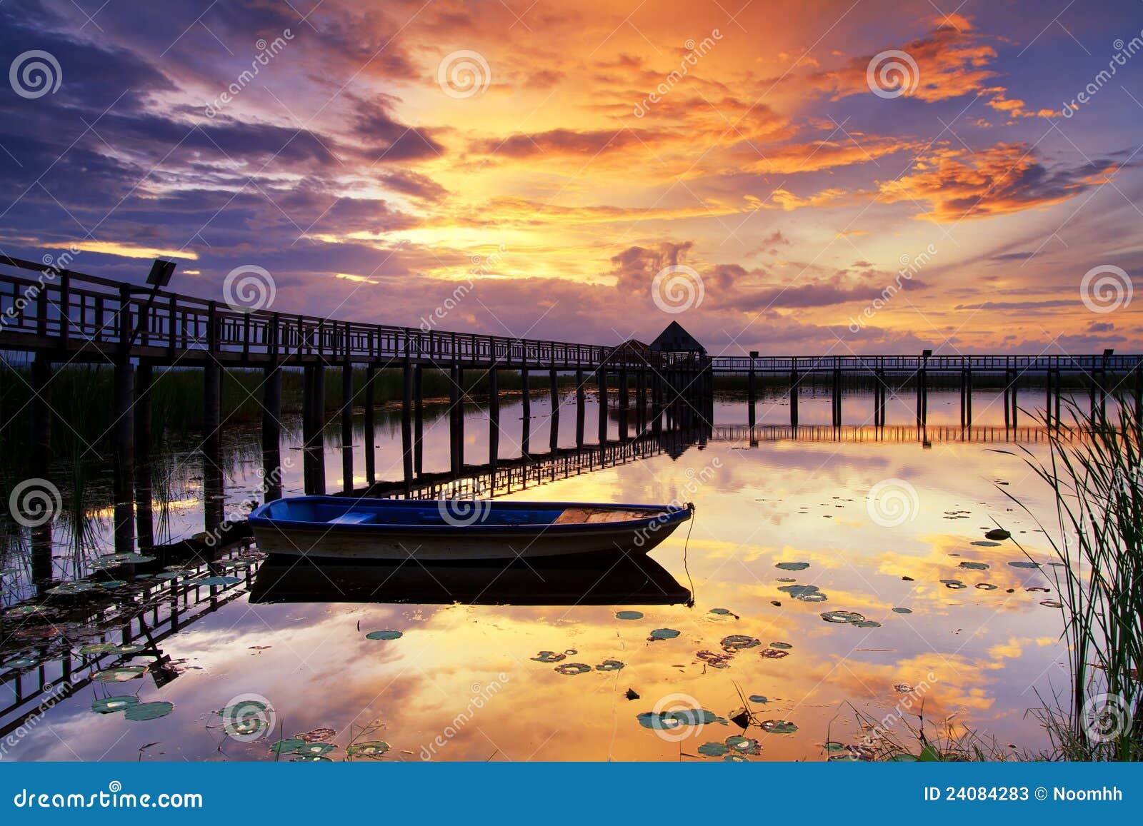 Boat and Wooden Bridge with Beautiful Sky. Stock Image - Image of ...
