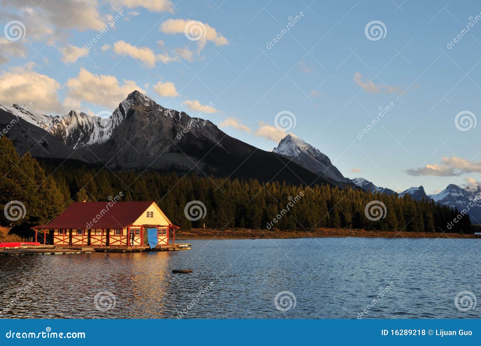 The Boathouse at Maligne Lake at Sunset, Jasper Stock Photo - Image of ...