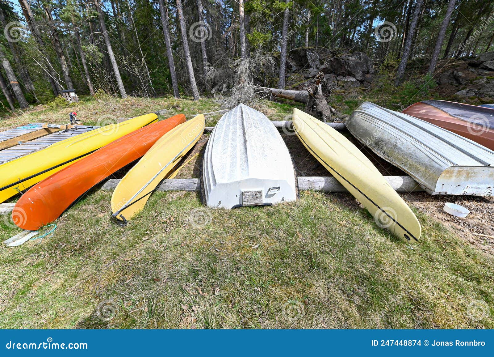 Boats Kayaks and Canoes Lying on Tree Trunks Stock Photo - Image of ...