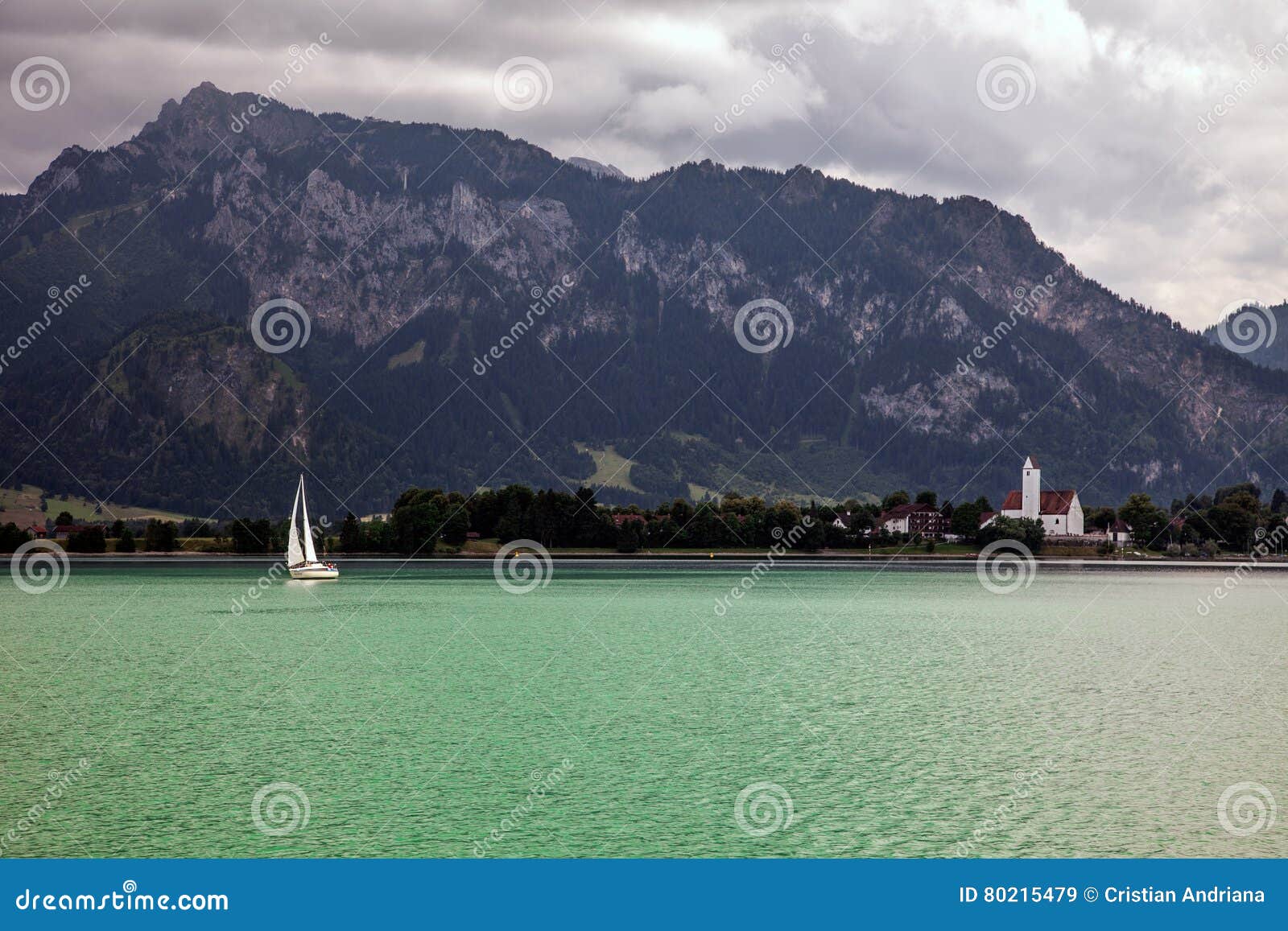 Boats and Panoramic Views of Forggensee Lake, Germany Stock Image ...