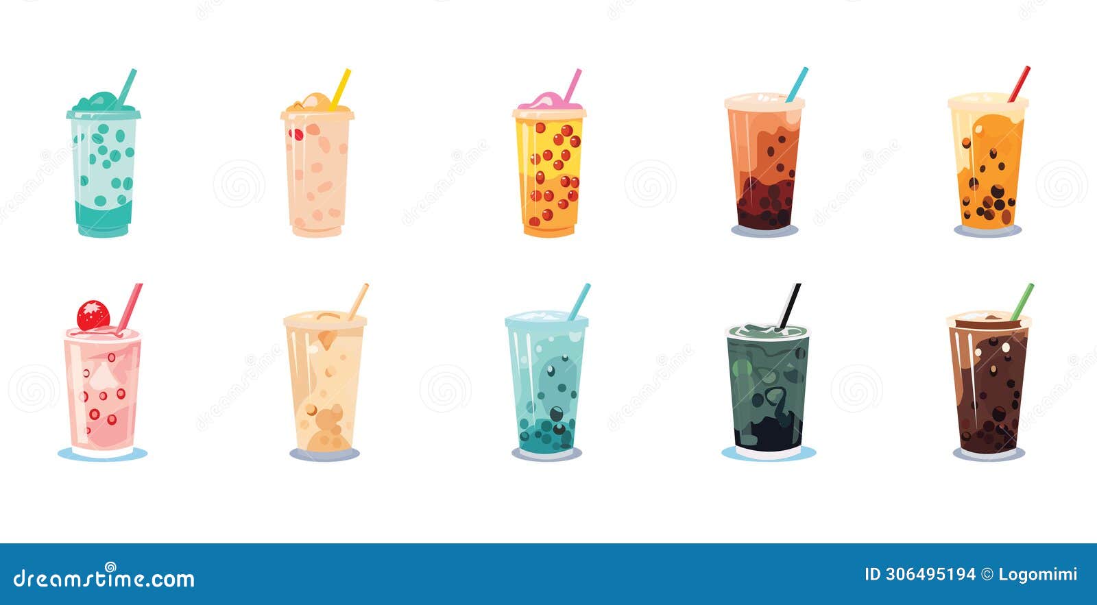 Boba or Bubble Tea Drinks in Flat Design Vector Illustration, Boba Milk ...