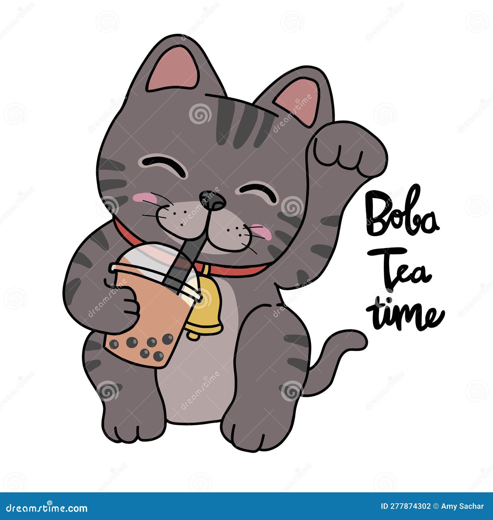 Lucky Cat Drink Bubble Tea, Boba Tea Time Cartoon Illustration Stock ...