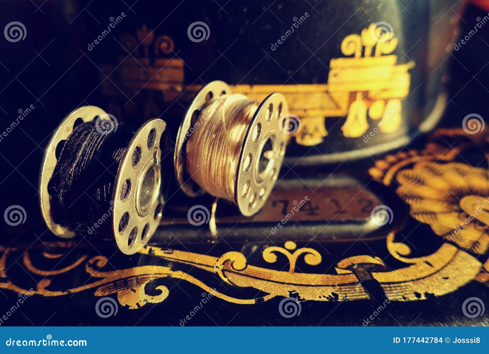Bobbin in Old Sewing Machine Stock Photo - Image of machine, threads ...