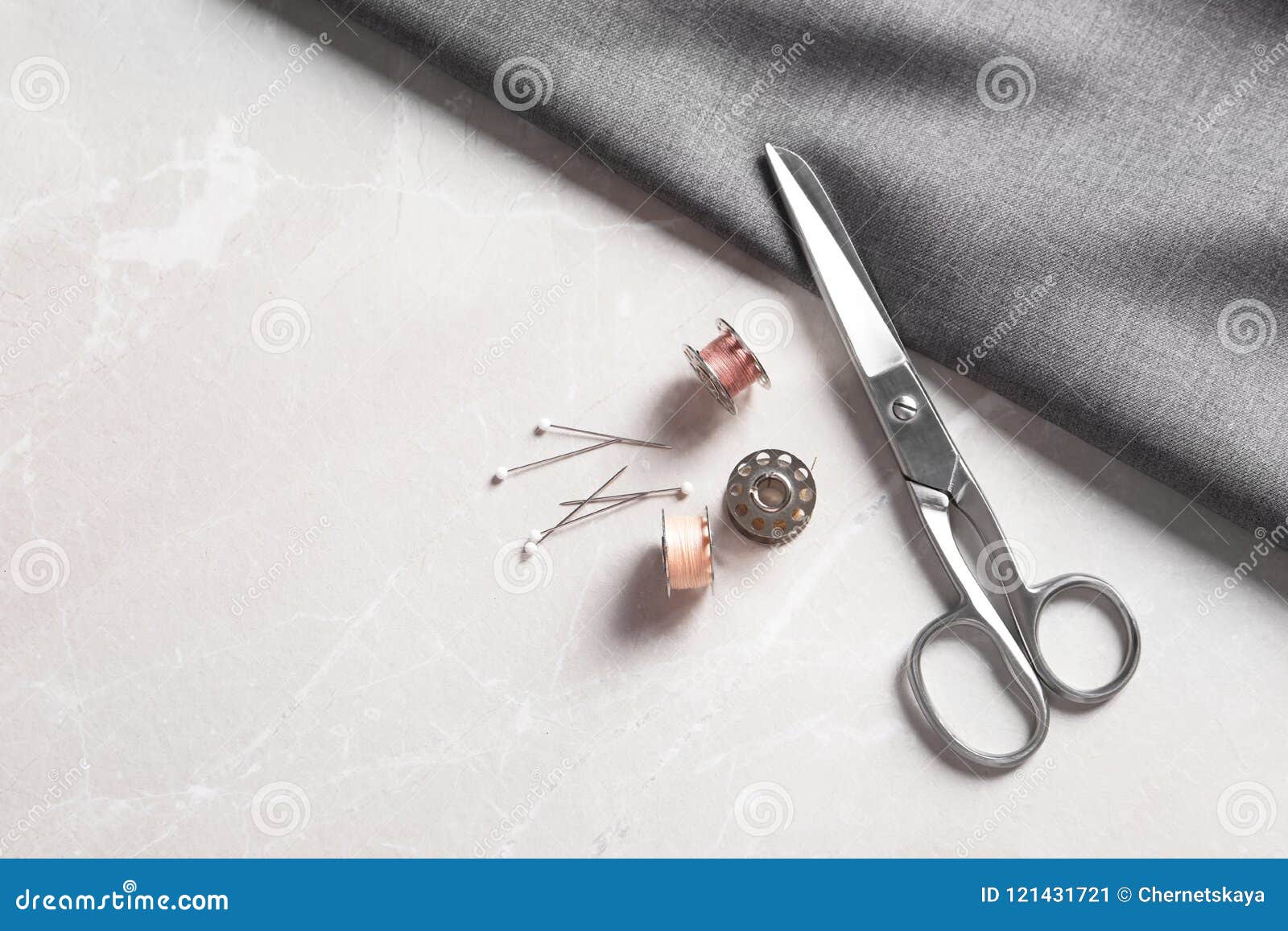 Bobbins with Threads, Fabric and Scissors Le, Top View. Stock Image ...
