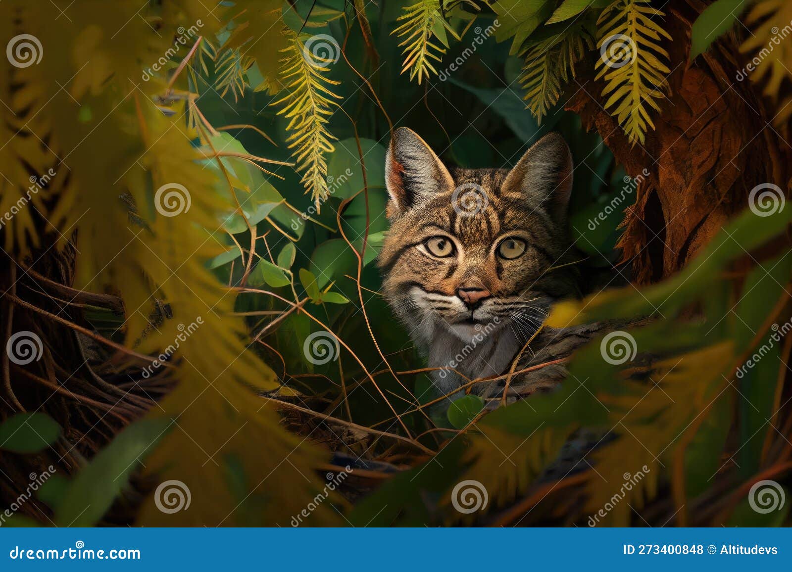 Bobcat in the Forest, Hidden among Foliage Stock Illustration ...