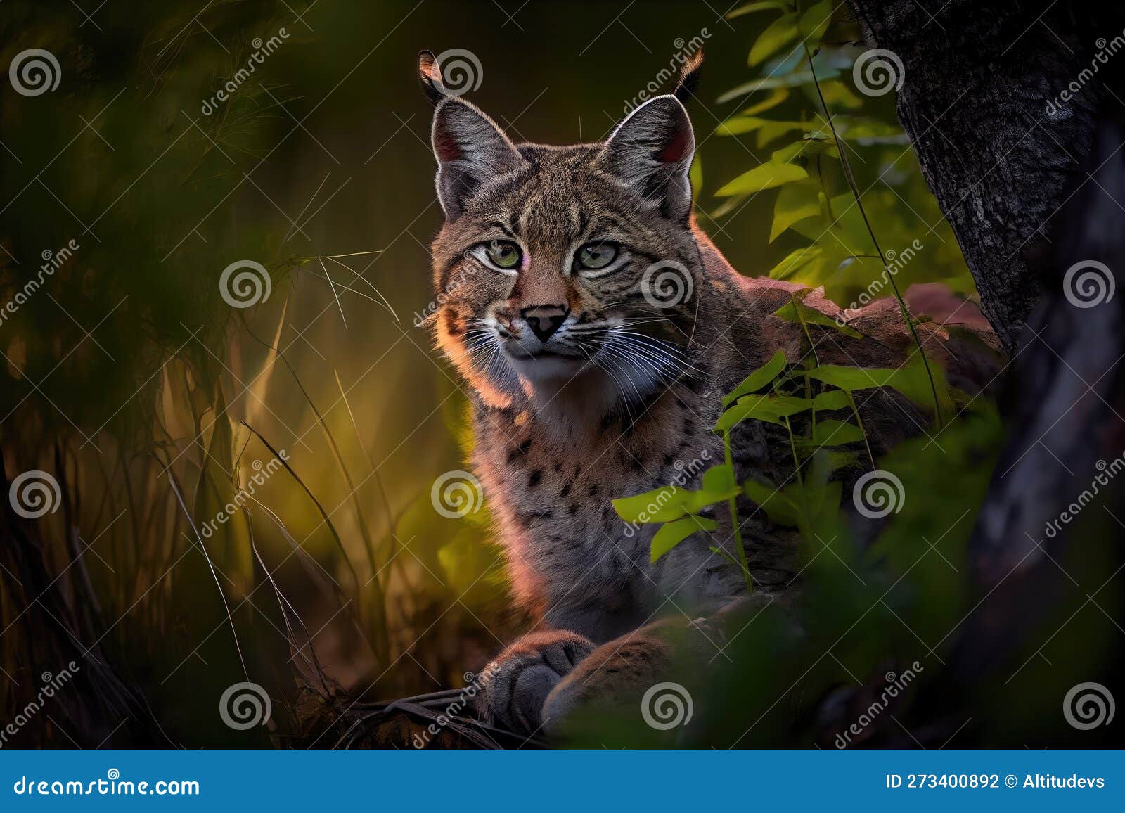 Bobcat in the Forest, Surrounded by Greenery Stock Illustration ...