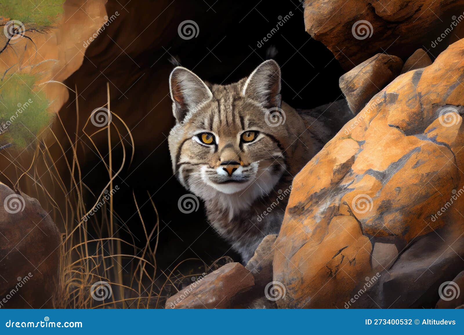 Bobcat Hiding among Rocks in the Forest Stock Illustration ...