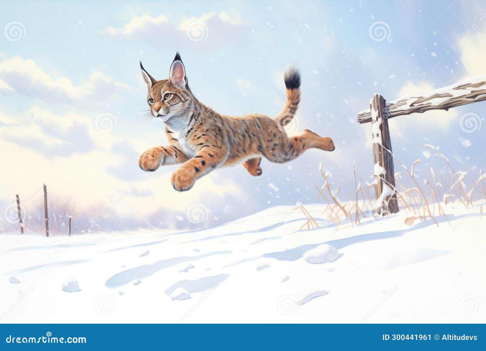 A Bobcat Leaping Over a Drift on a Snowbound Trail Stock Image - Image ...