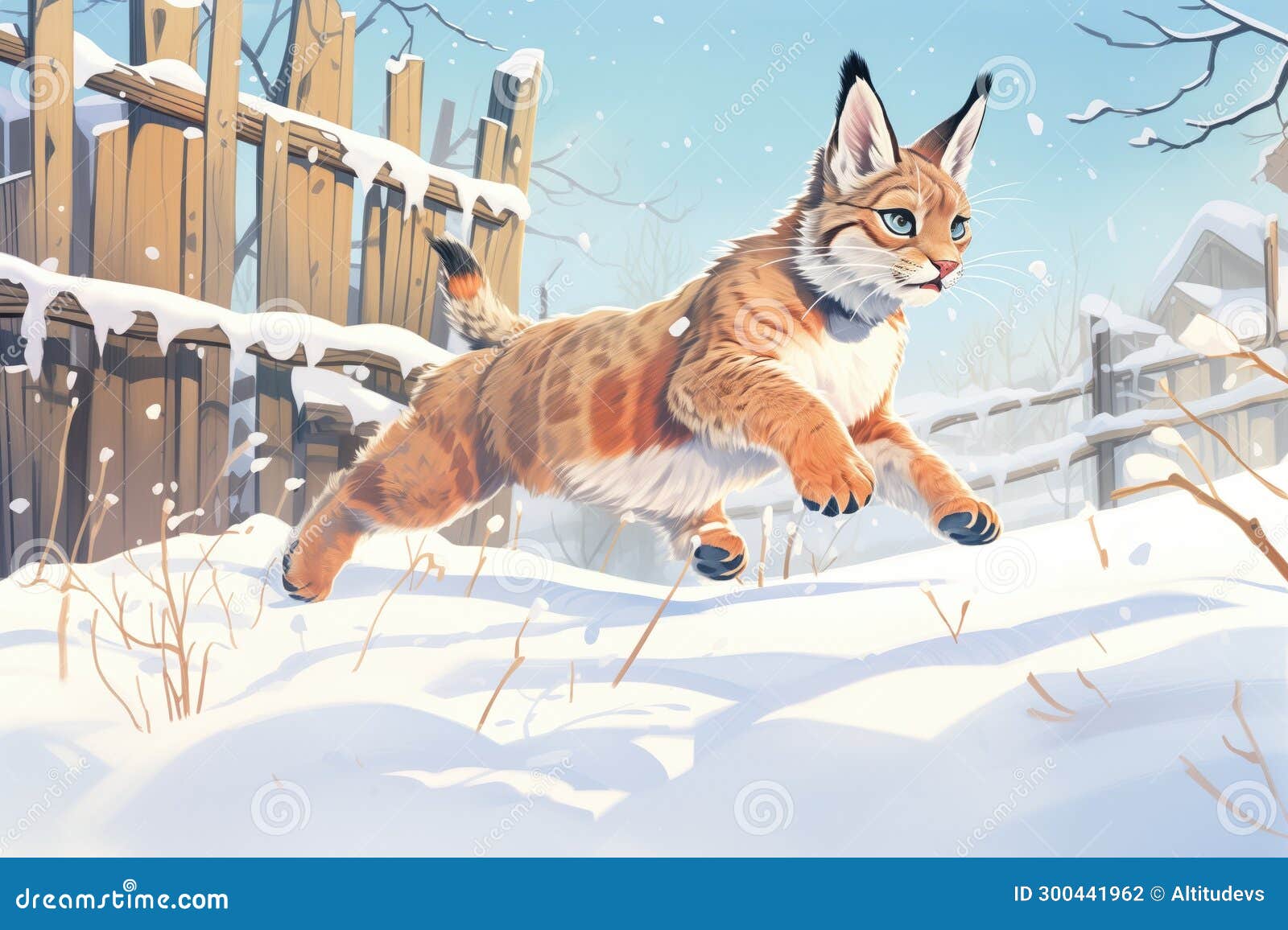 A Bobcat Leaping Over a Drift on a Snowbound Trail Stock Photo - Image ...