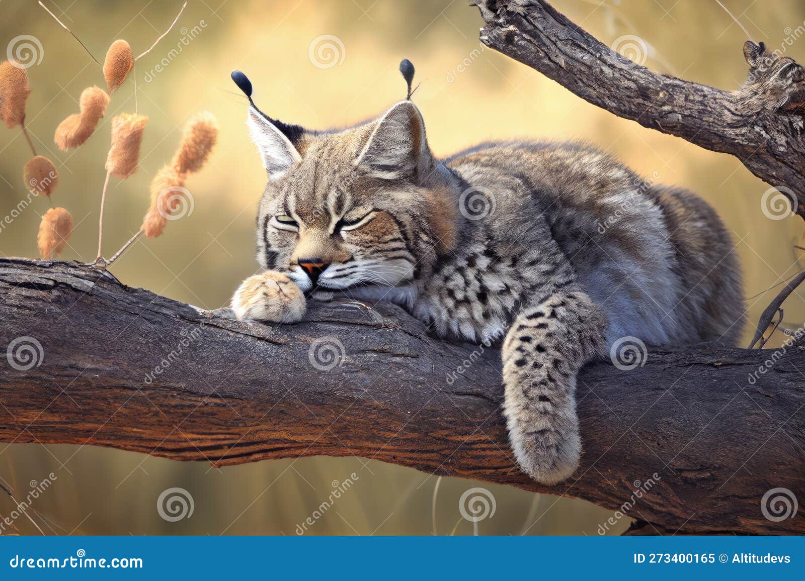 Bobcat Napping on Tree Branch Stock Illustration - Illustration of ...