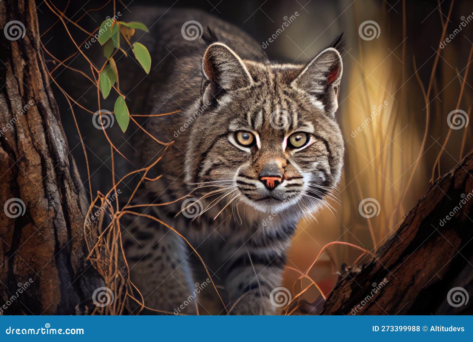 Bobcat Stalking through Forest, Eyes Fixed on Its Prey Stock ...