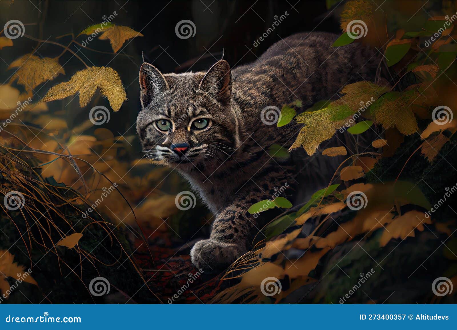 Bobcat Stalking Prey in Dense Forest Stock Illustration - Illustration ...