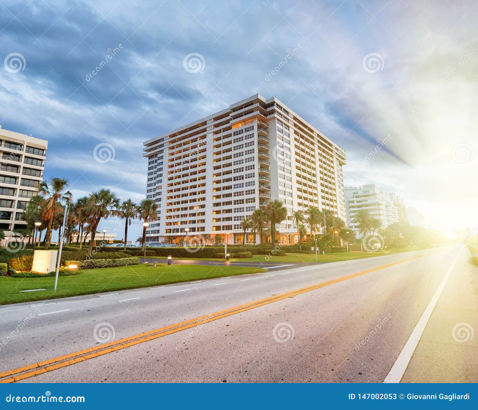 Boca Raton at Sunset, Florida. Road,trees and Buildings Stock Image ...