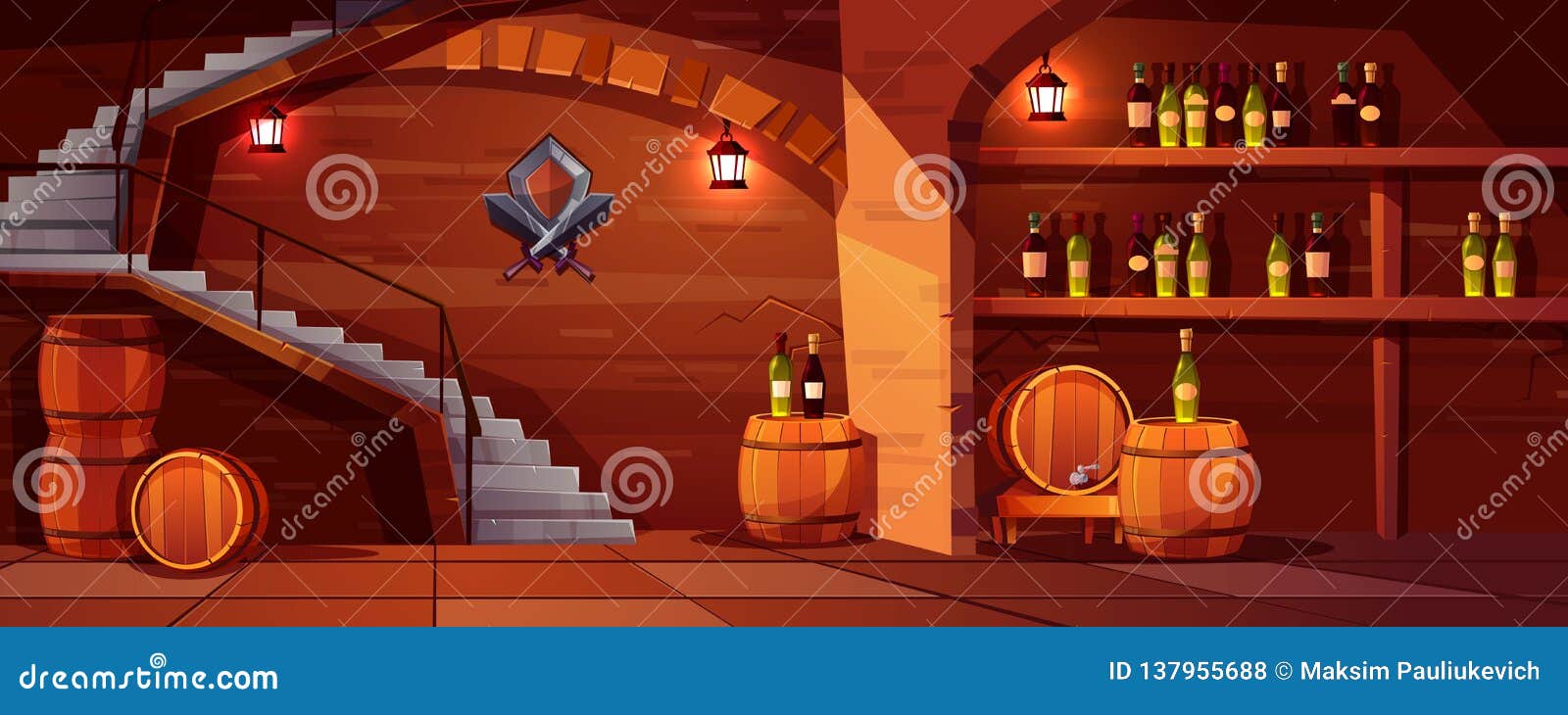 Bodega Del Vector Con Los Barriles De Madera, Botellas Ilustración del ...