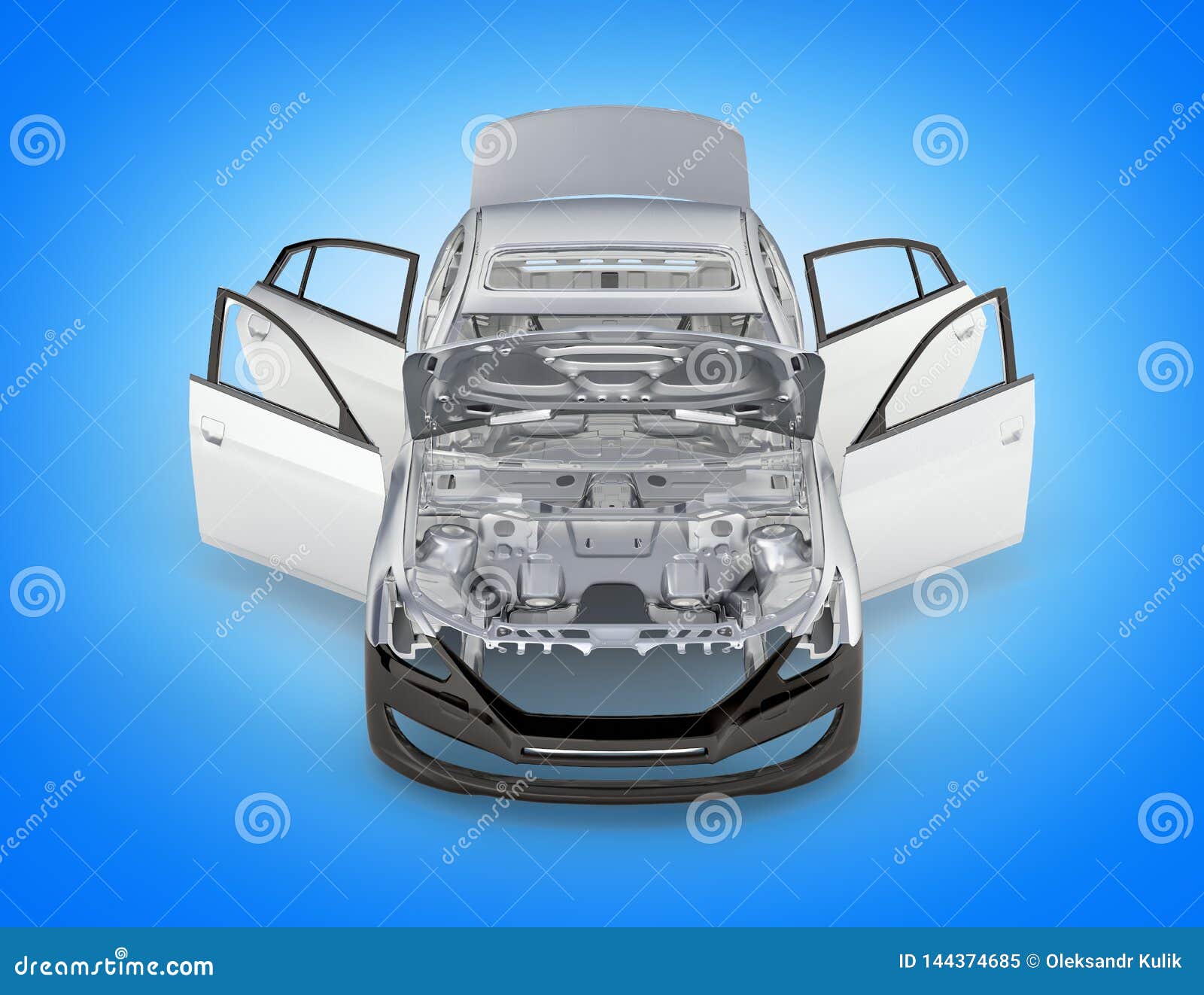 Body Car with No Wheel Front View on Blue Background 3d Stock ...