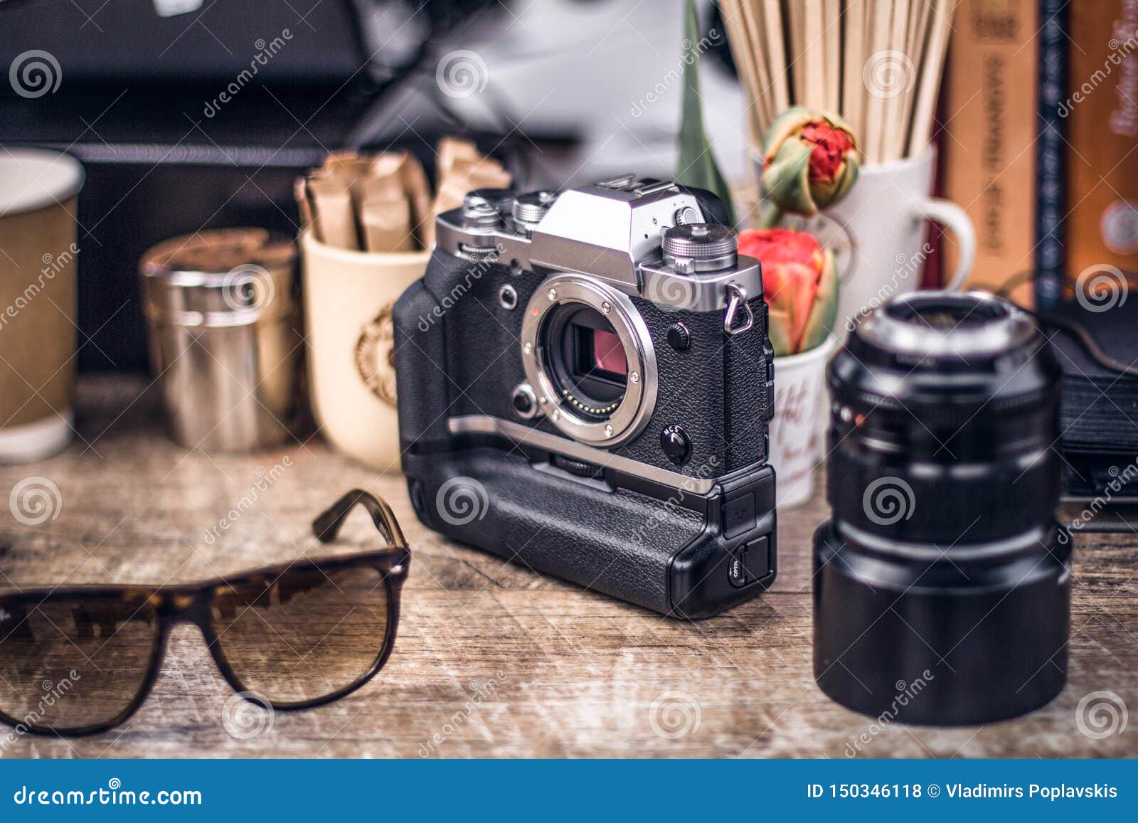 Body of Digital Camera on the Desk and Another Things Around Stock ...