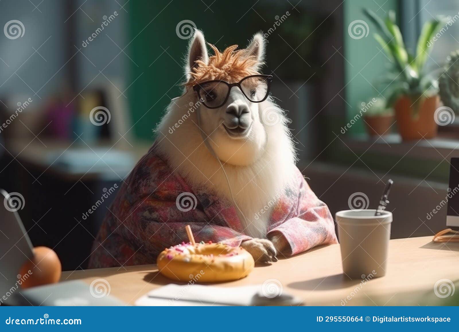 Body Positive Llama Sits at the Office Table with a Donut, Generative ...