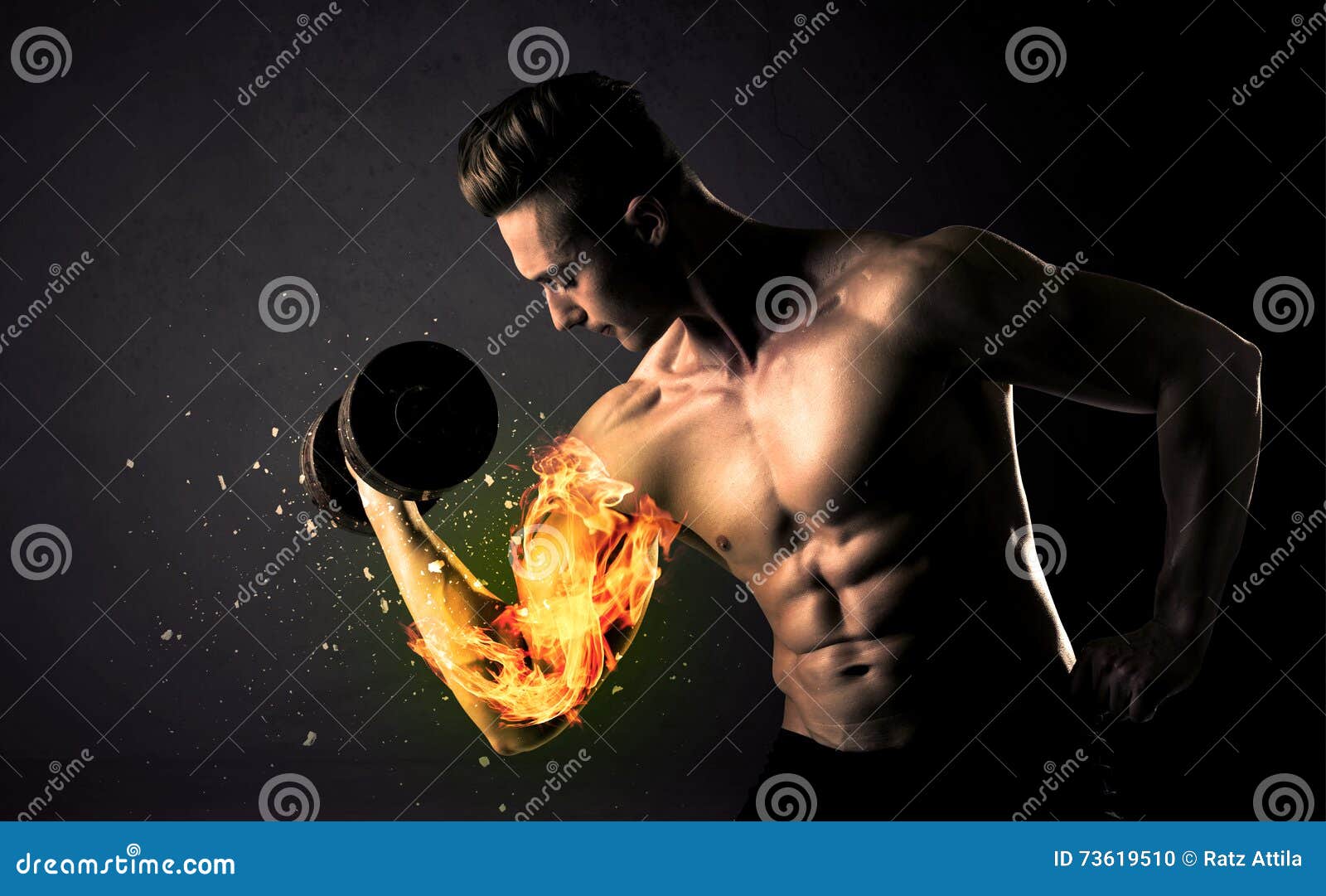 Bodybuilder Athlete Lifting Weight with Fire Explode Arm Concept Stock ...