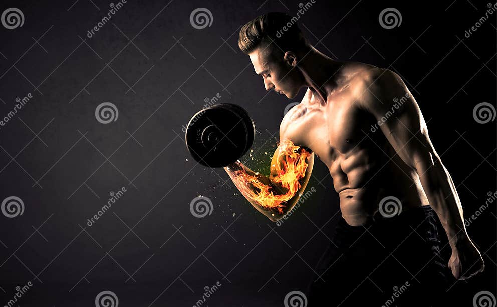 Bodybuilder Athlete Lifting Weight with Fire Explode Arm Concept Stock ...