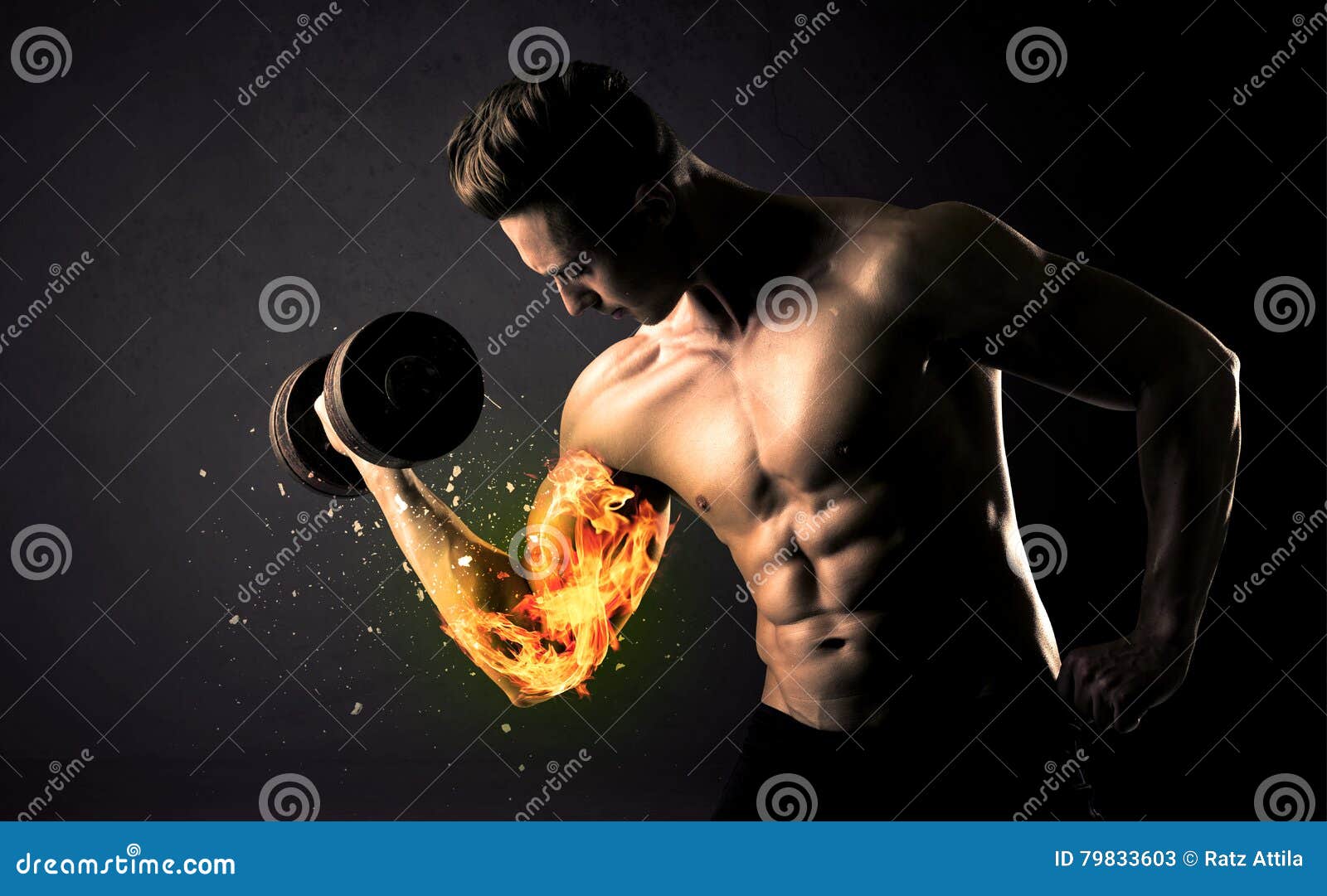 Bodybuilder Athlete Lifting Weight with Fire Explode Arm Concept Stock ...