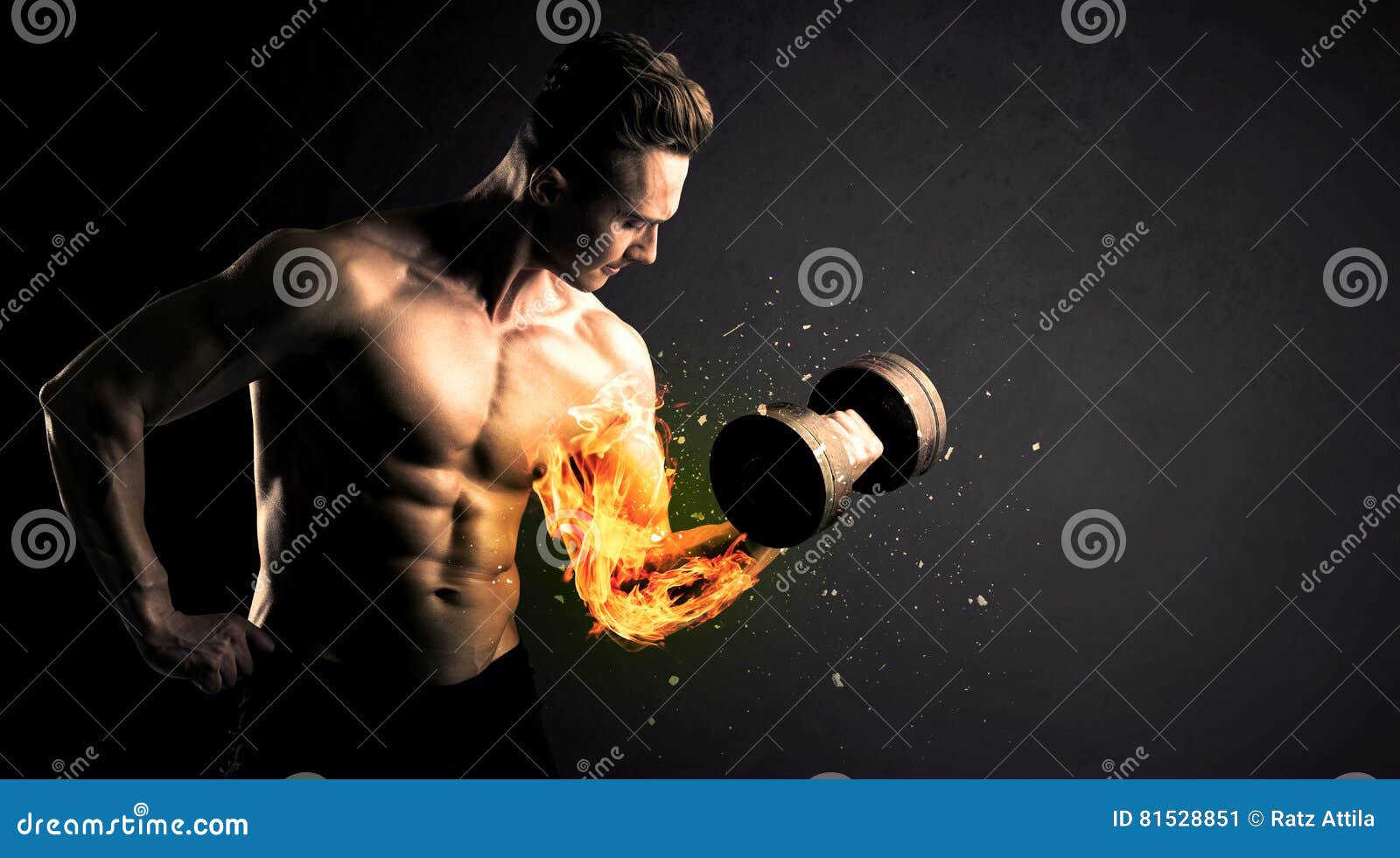 Bodybuilder Athlete Lifting Weight with Fire Explode Arm Concept Stock ...