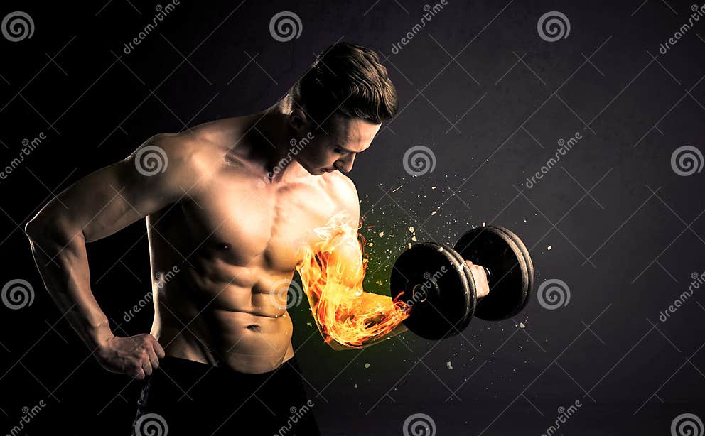 Bodybuilder Athlete Lifting Weight with Fire Explode Arm Concept Stock ...